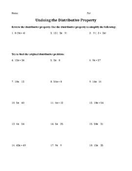 Factoring Undoing The Distributive Property Worksheet Editable