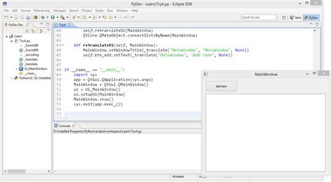 Python Call Functions In PyDev Eclipse In Form Generated By Qt