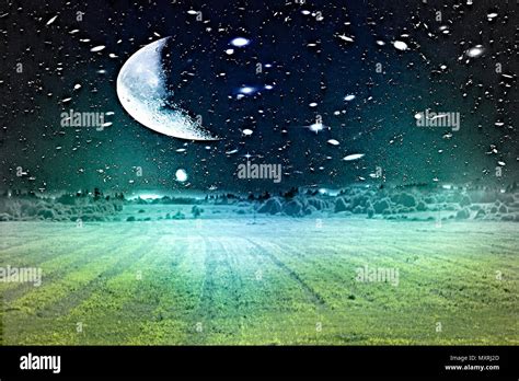 Moon And Mysterious Nocturnal Landscapes With Space Part Agriculture