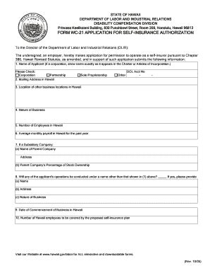 Fillable Online WC 21 Application For Self Insurance Department Of