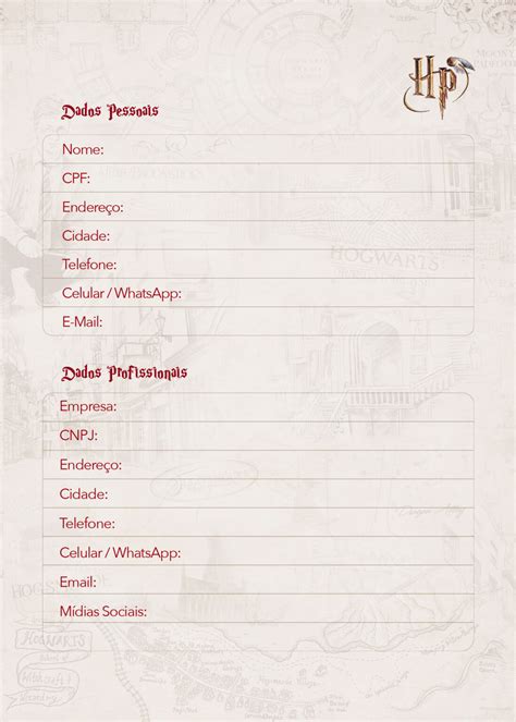 Dados Pessoais Planner 2024 Harry Potter Fazendo A Nossa Festa