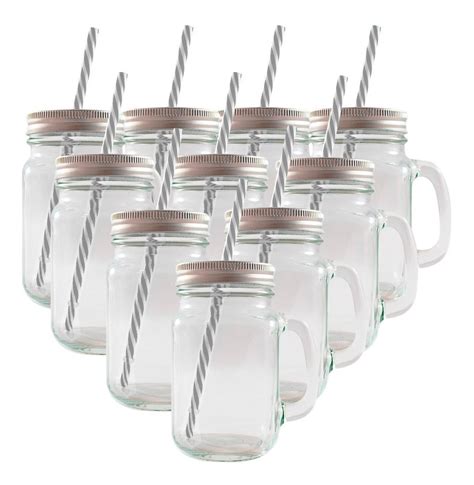 Mason Jar Frasco Liso Tarro Popote Tapa Plata Vidrio 12 Pack