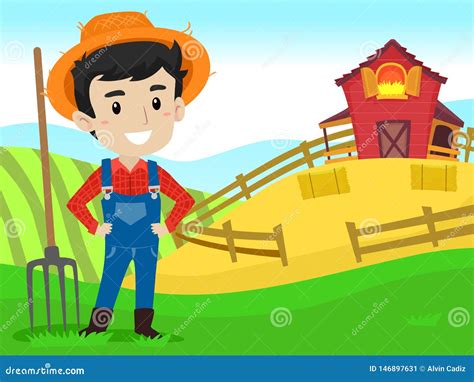 Vektor Illustration Eines Landwirts Mit Heugabel In Bauernhoffeld