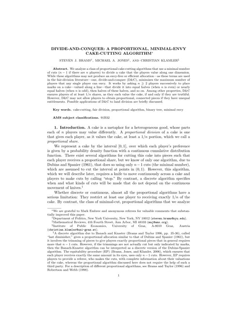 pdf divide and conquer a proportional minimal envy cake cutting algorithm