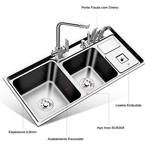 Cuba Dupla Aço Inox 304 Cozinha Gourmet Luxo Pia Lixeira e Válvula