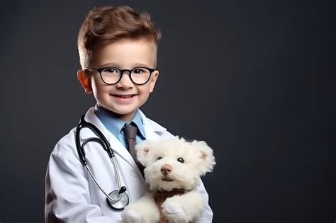 Um menino bonito sorridente usando óculos e casaco branco uniforme