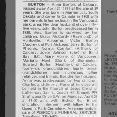 Obituary For Burton Anna Burton Aged Newspapers