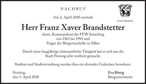 Traueranzeigen Von Franz Xaver Brandstetter SZ Gedenken De