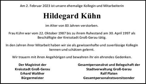 Traueranzeigen von Hildegard Kühn vrm trauer de