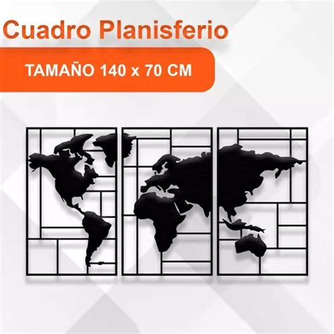 Cuadro Planisferio Mundo Triptico En Madera Calada 140x70
