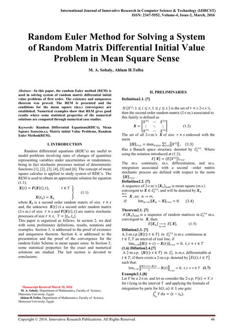 pdf random euler method for solving a system of random matrix differential initial value