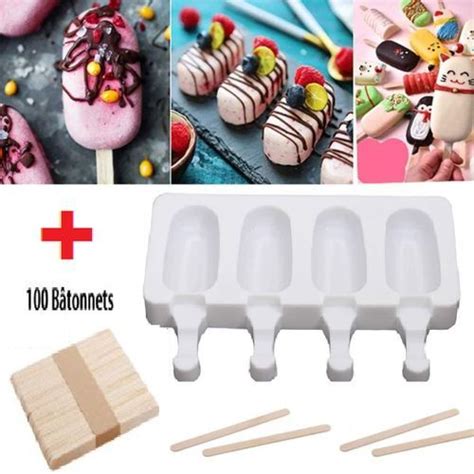 Moule de crème glacée en silicone 4 trous avec 100 bâtonnets à glace