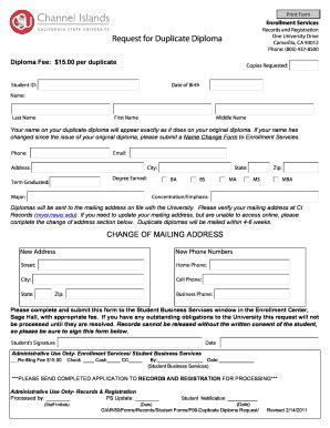 Fillable Online Csuci Request For Duplicate Diploma Csuci Form Fax