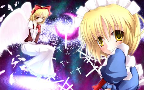 2girls Blonde Hair Blush Bow Cross Dress Feathers Gengetsu Headband Maid Mille Moon Mugetsu