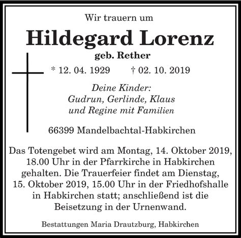 Traueranzeigen Von Hildegard Lorenz Saarbruecker Zeitung Trauer De