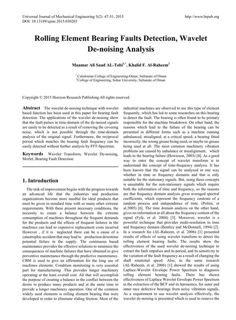 pdf rolling element bearing faults detection wavelet de noising analysis