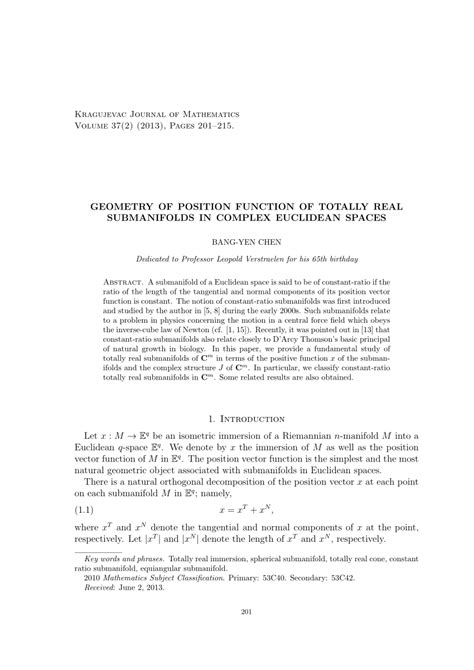 pdf geometry of position function of totally real submanifolds in complex euclidean spaces