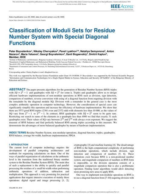 pdf classification of moduli sets for residue number system with special diagonal functions