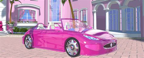 Two People Standing Next To A Pink Car In Front Of A House With Palm Trees