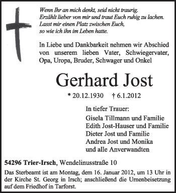 Traueranzeigen Von Gerhard Jost Volksfreund Trauer De