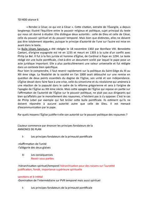 TD HDD séance 6 Commentaire de texte Bulle unam sanctum TD Histoire
