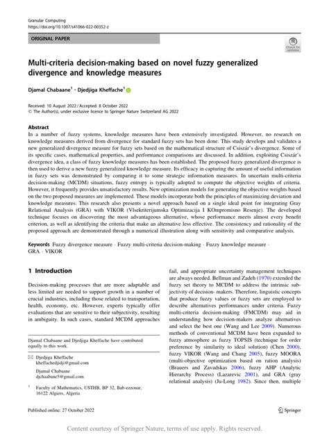multi criteria decision making based on novel fuzzy generalized divergence and knowledge
