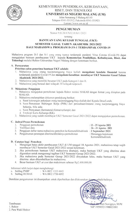 BANTUAN UANG KULIAH TUNGGAL UKT SEMESTER GASAL TAHUN AKADEMIK 2021