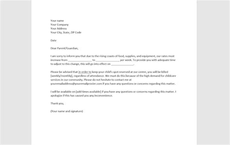 Daycare Tuition Rate Increase Letter Template Daycare Tuition Rate