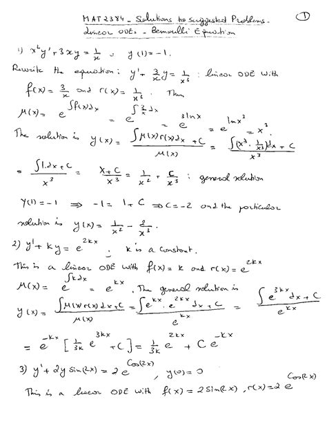 solution mat 2384 solution linear 1st order odes and bernoulli equation ordinary differential