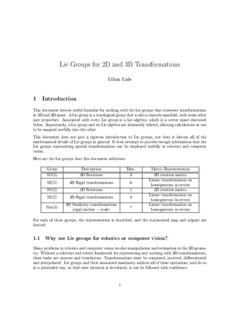 lie groups for 2d and 3d transformations ethan eade pdf lie groups matrix mathematics