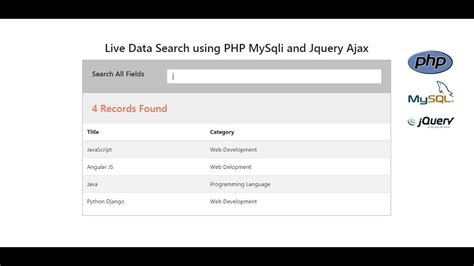 live data search using php mysqli and jquery ajax youtube