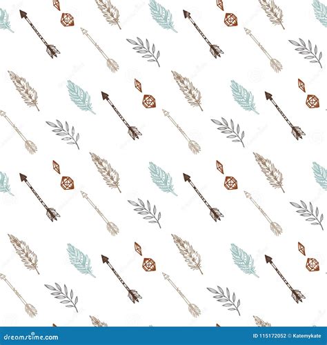 Seamless Pattern With Tribal Arrows Feathers And Spring Branches Hand