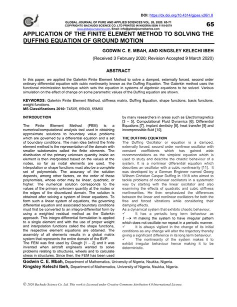 pdf application of the finite element method to solving the duffing equation of ground motion
