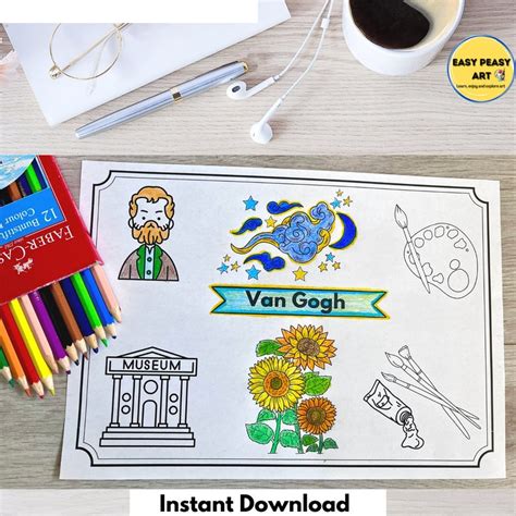 Famous Artists Coloring Pages Vincent Van Gogh Coloring Page Etsy UK