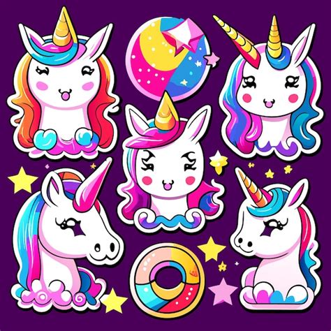 Conjunto De Vector De Pegatinas De Unicornio Vector Premium