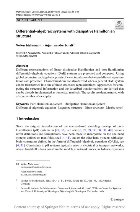 pdf differential algebraic systems with dissipative hamiltonian structure