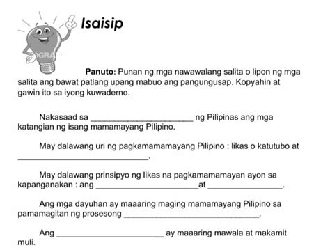 Solved Isaisip GRA Panuto Punan Ng Mga Nawawalang Salita O Lipon Ng