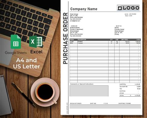 Purchase Order Form Template Google Sheets Microsoft Excel Etsy
