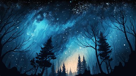 Starry Sky Tree Silhouette Beautiful Background Starry Sky Tree