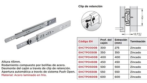 Corredera Telescopica Push Open 60 Cm Eurohard Zincado Dannok Herrajes