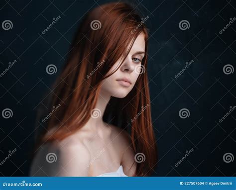 Red Haired Woman Naked Shoulders Posing Isolated Background Stock Photo
