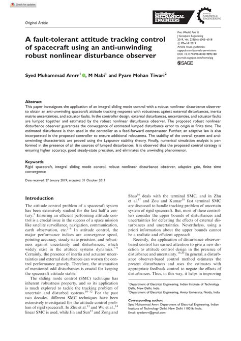 pdf a fault tolerant attitude tracking control of spacecraft using an anti unwinding robust