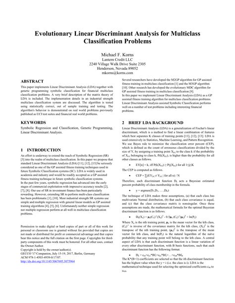 pdf evolutionary linear discriminant analysis for multiclass classification problems