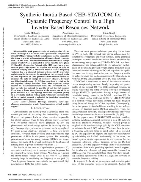 pdf synthetic inertia based chb statcom for dynamic frequency control in a high inverter based