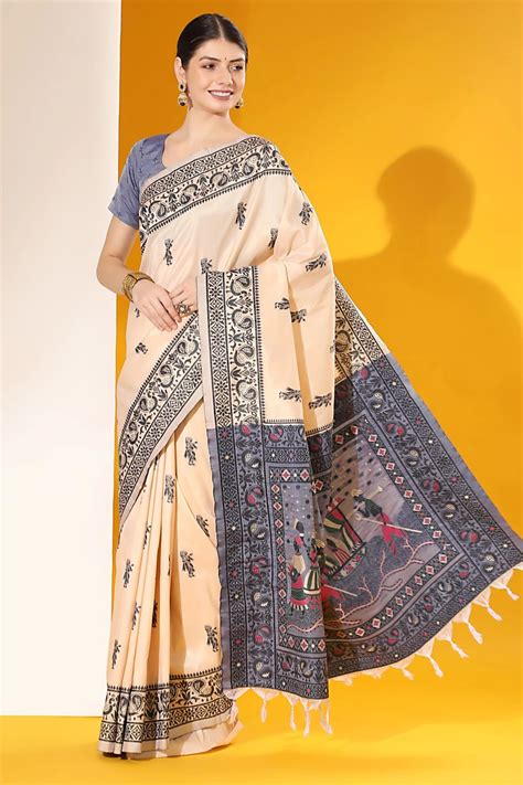 Woven Raw Silk Saree In Cream Ucchal Fashion