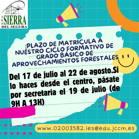 FECHAS DE MATRÍCULA A CICLO FORMATIVO DE GRADO BÁSICO DE