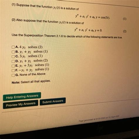 solved 1 suppose that the function y t is a solution of y
