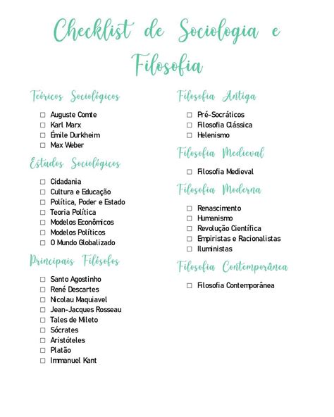 Checklist Sociologia Filosofia Planos De Estudo Enem Estudos Para O