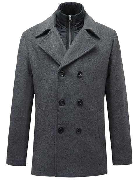 Men S Double Breasted Wool Blend Pea Coat Classic Notched Collar With