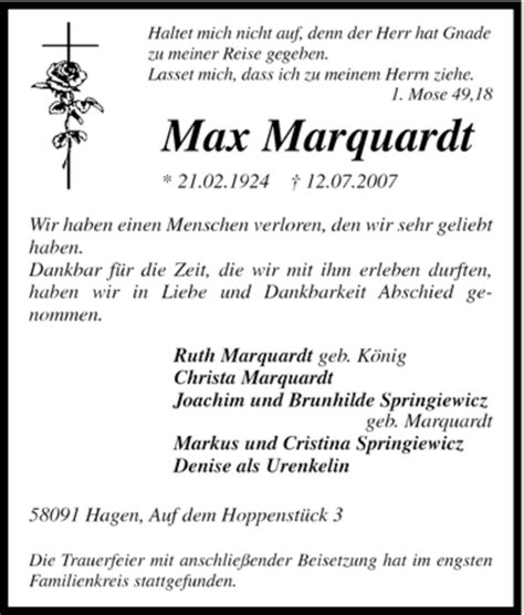 Traueranzeigen Von Max Marquardt Trauer In NRW De